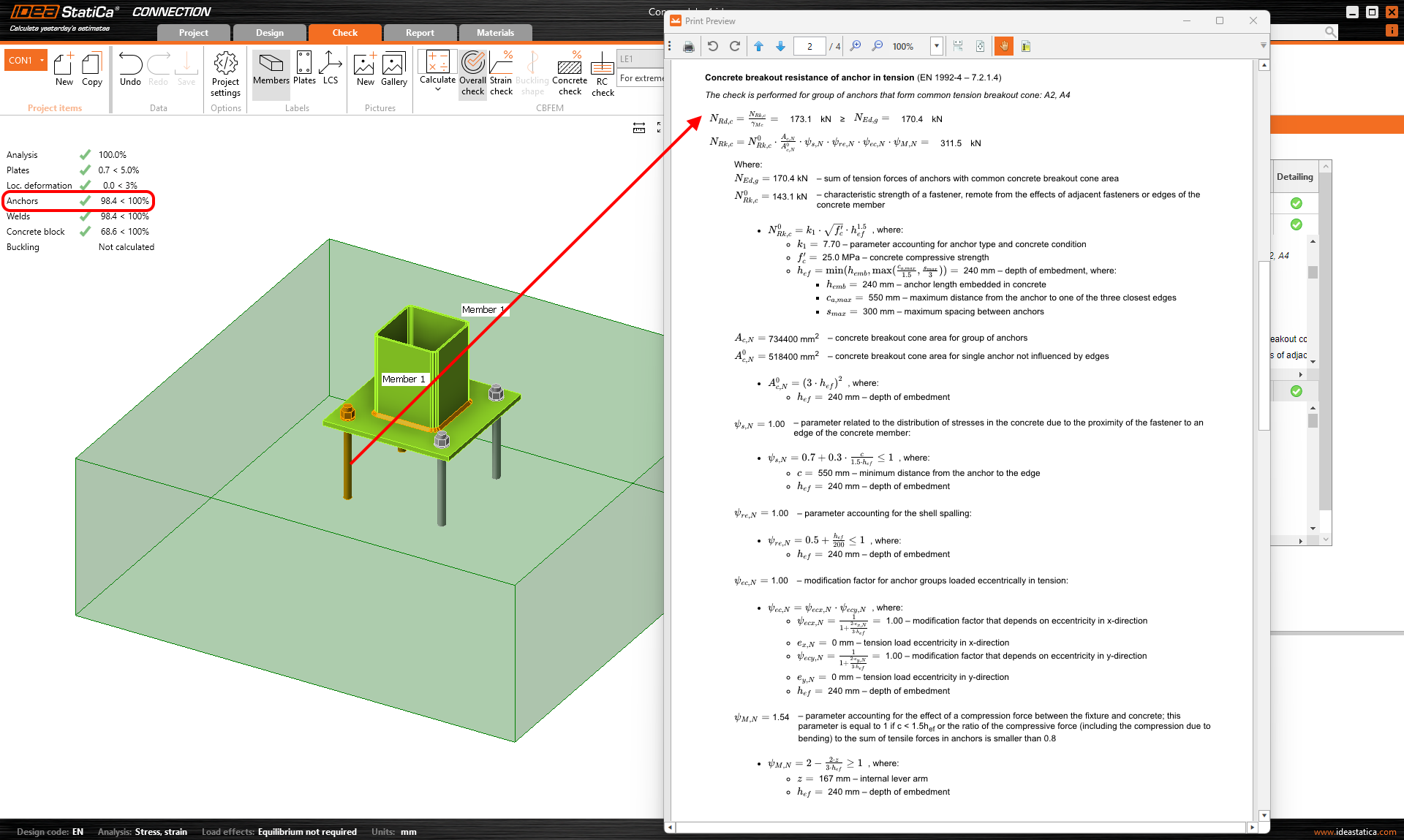 Comparison of concrete cone failure according to EN 1994-2 and 3D CSFM | IDEA StatiCa